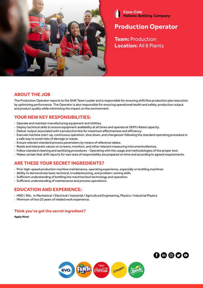 COCA-COLA HBC PRODUCTION OPERATOR | YouthExpat