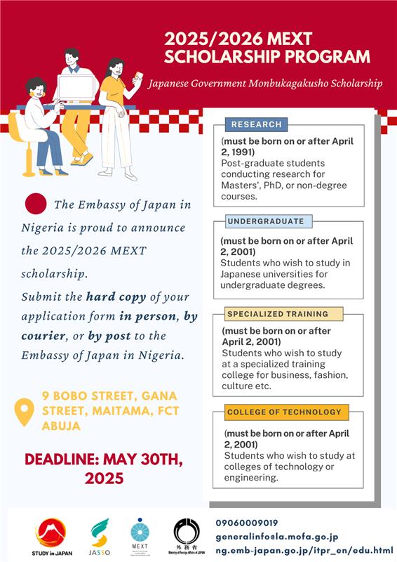 CALL FOR APPLICATION—JAPANESE GOVERNMENT SCHOLARSHIPS (MEXT) 2026 ...